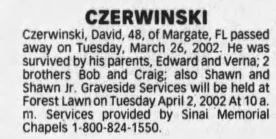 David W. Czerwinski (Deceased), Bensalem, PA Pennsylvania